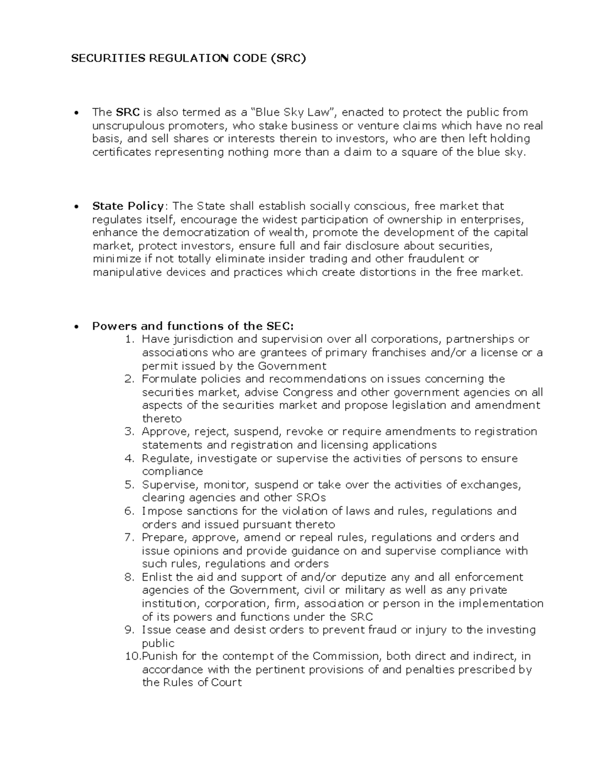 Corporate Governance - SECURITIES REGULATION CODE (SRC) The SRC is also ...