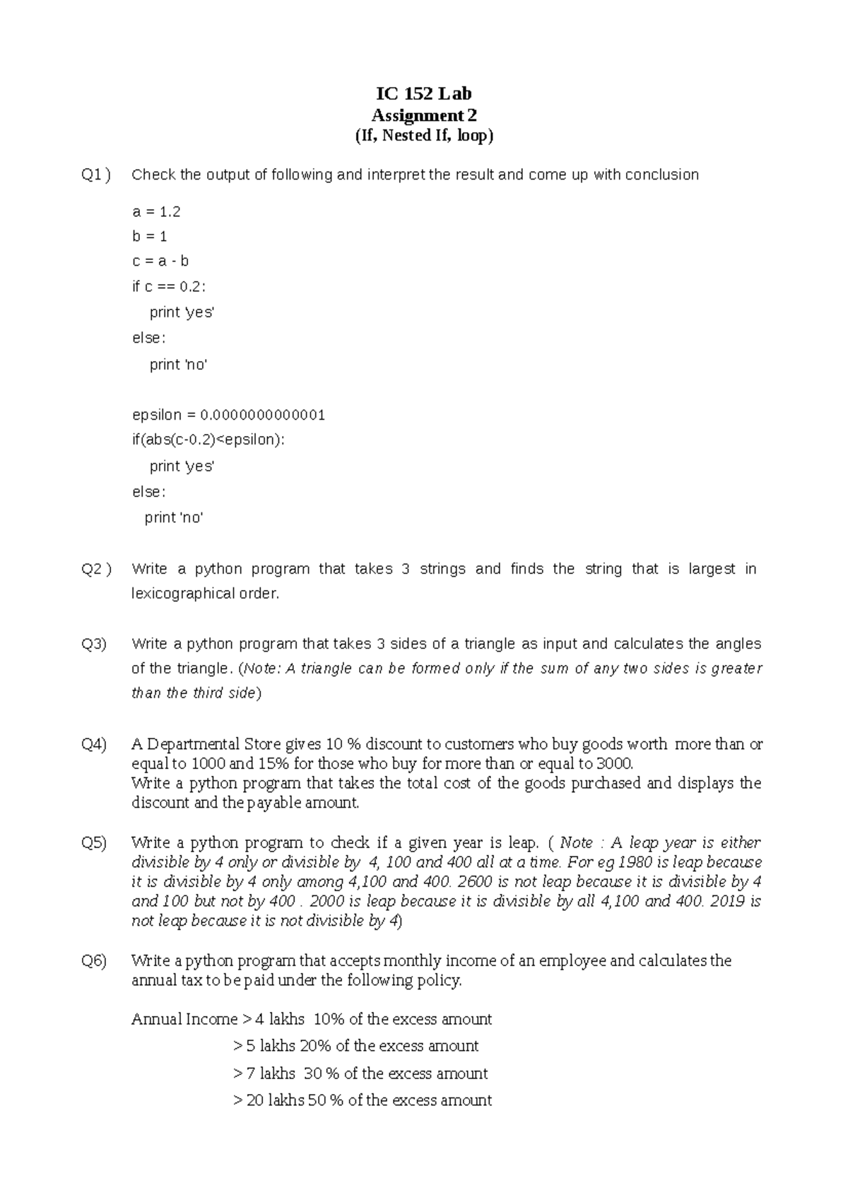 IC152 Lab Assignment 2 - Lab - IC 152 Lab Assignment 2 (If, Nested If, loop) Q1 ) Check the ...