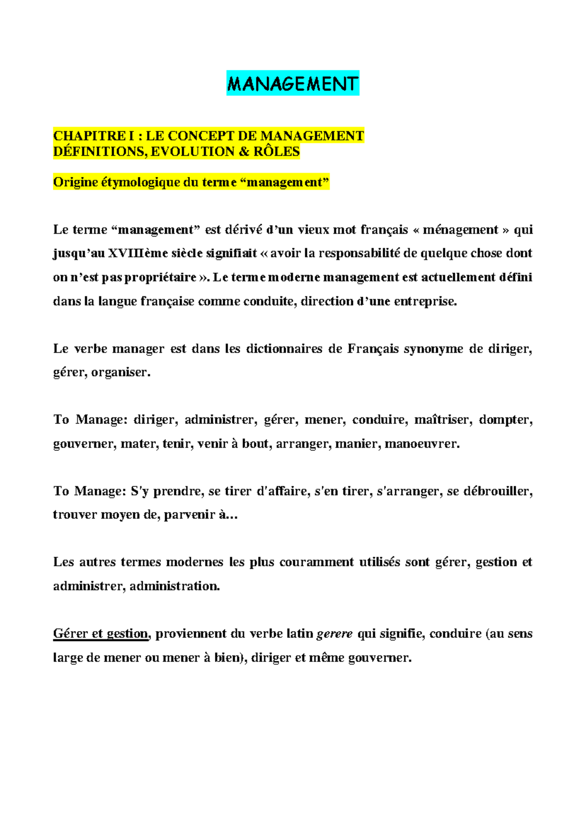 Management D2 - MANAGEMENT CHAPITRE I : LE CONCEPT DE MANAGEMENT DÉFINITIONS, EVOLUTION & RÔLES ...