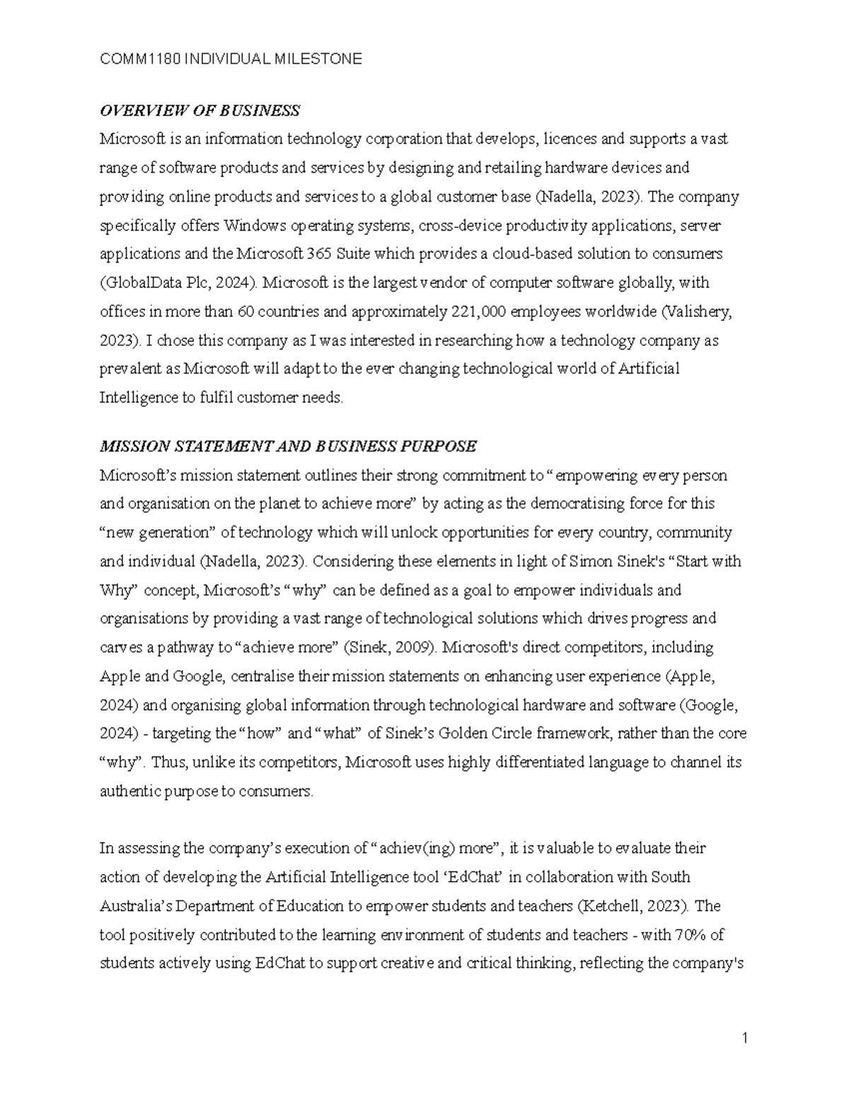 COMM1180 - final Individual Milestone - OVERVIEW OF BUSINESS Microsoft ...