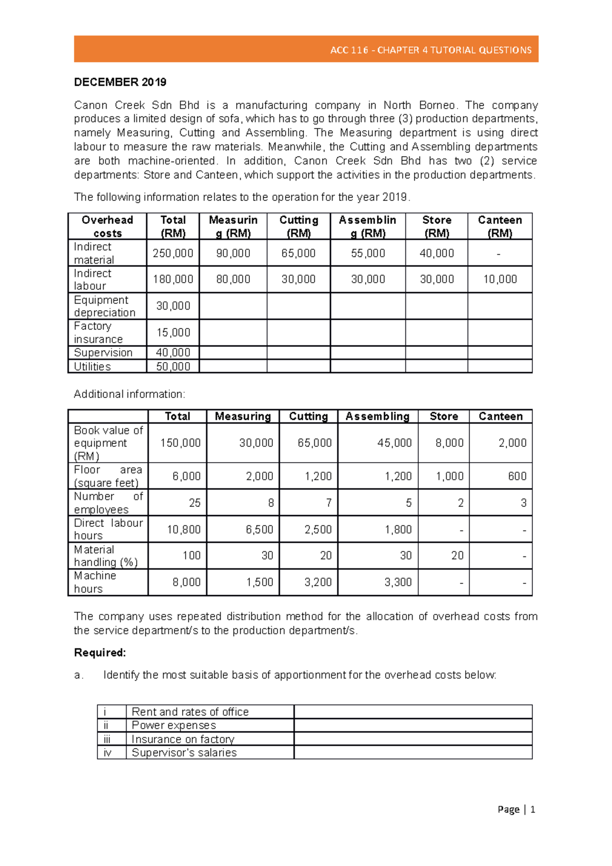 ACC116 Tutorial Chapter 4 - DECEMBER 2019 Canon Creek Sdn Bhd is a ...