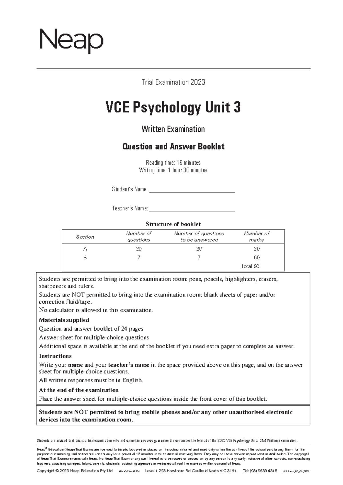 VCE Psychology Unit 3 Question and Answer Booklet 2023 - Trial ...