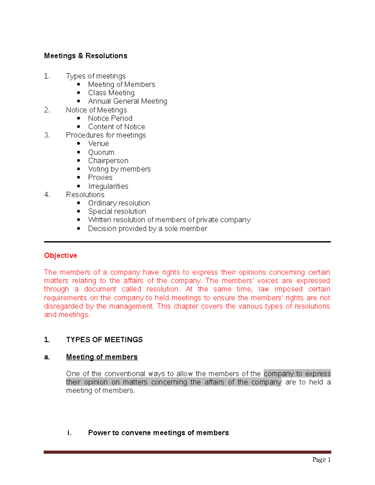 Company Meetings - Meetings & Resolutions Types of meetings Meeting of ...