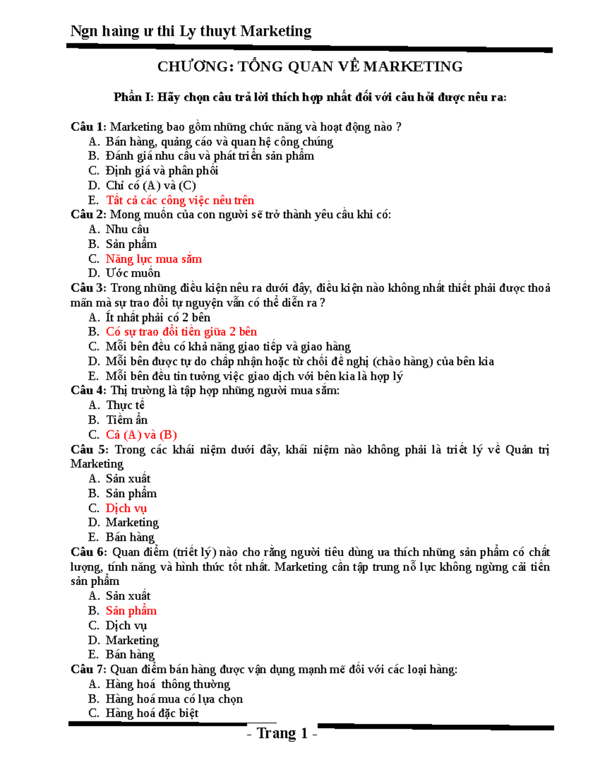 Bản sao của đề thi mar 1 - đề ôn thi - CH ƯƠNG: T ỔNG QUAN V ỀMARKETING Ph n I: Hãy ch n câu trầ ...