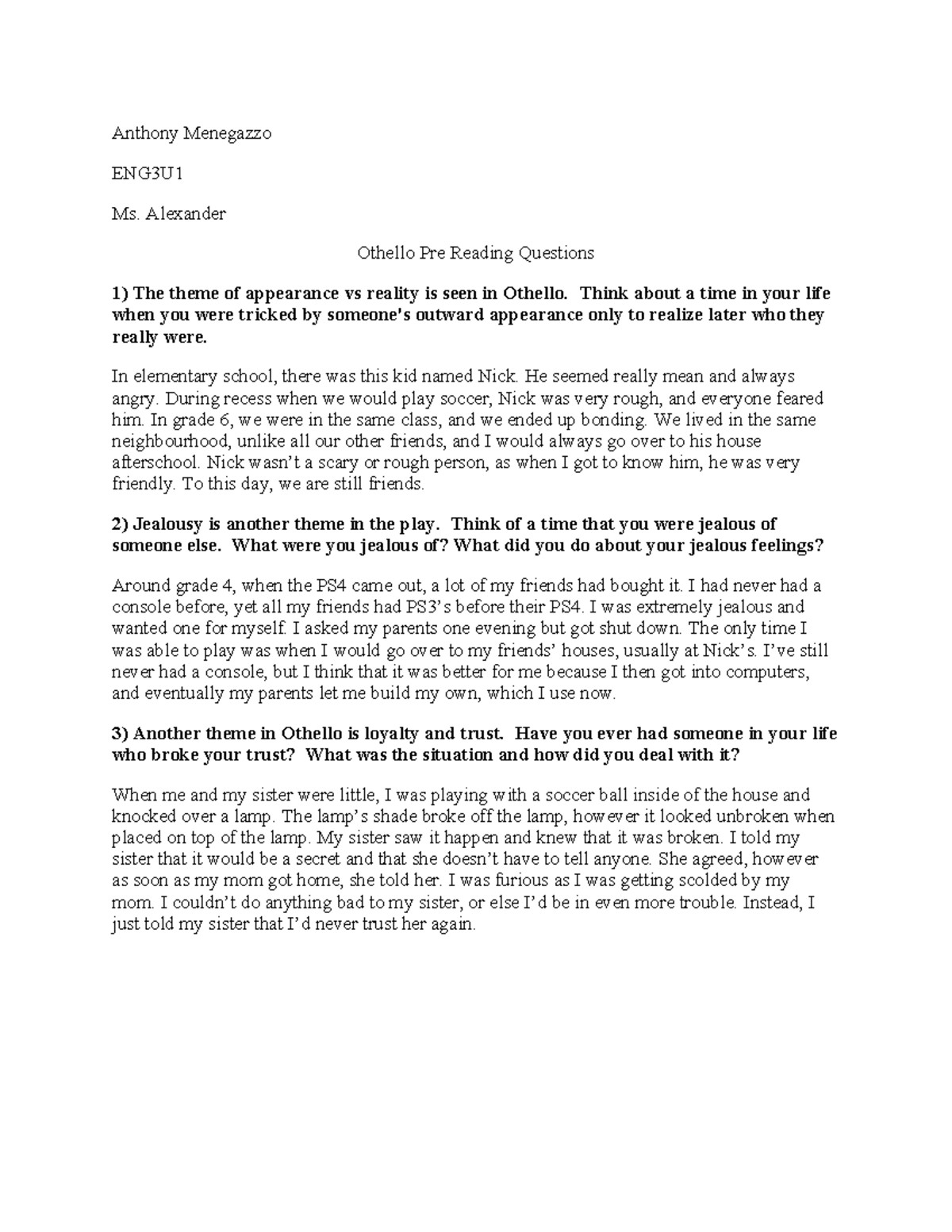 Othello Pre Reading Questions - Anthony Menegazzo ENG3U Ms. Alexander ...