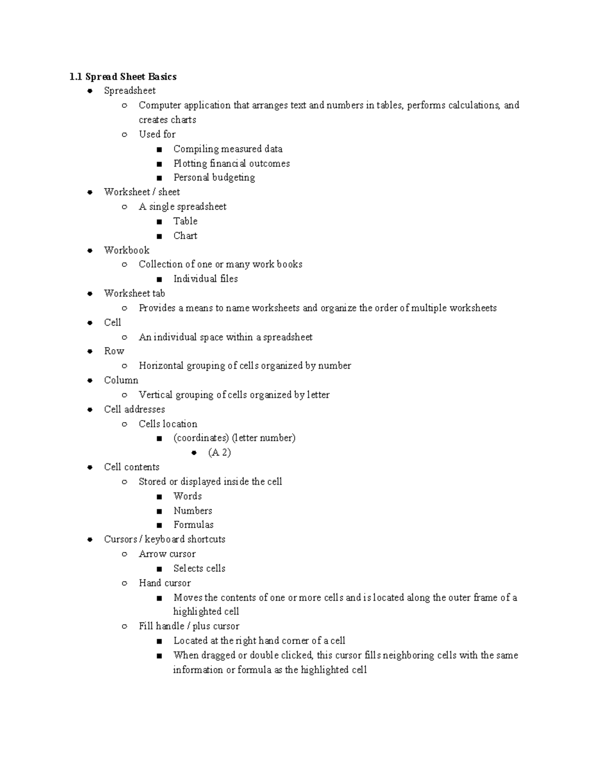 CS 105 - Lecture notes 1-8 - 1 Spread Sheet Basics Spreadsheet Computer ...