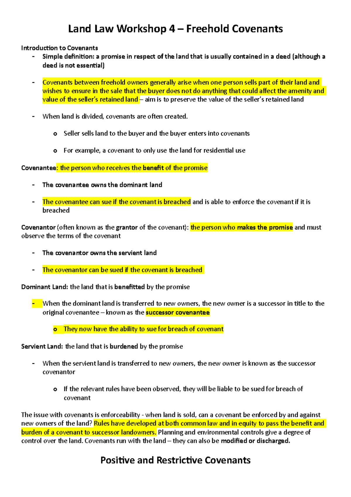 Land Week 4 Prepare - Land Law Workshop 4 – Freehold Covenants ...