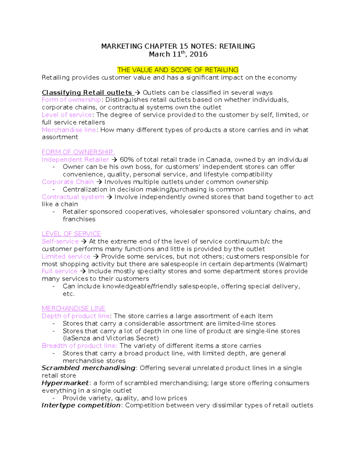 Marketing Chapter summary 15 Notes - MARKETING CHAPTER 15 NOTES ...