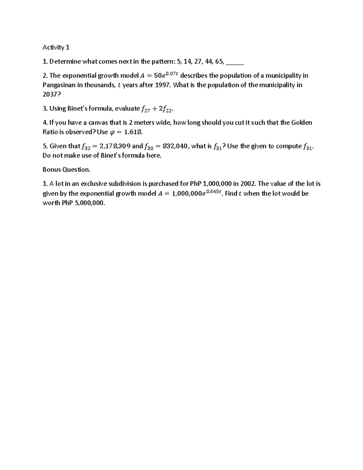 Activity 1P MMW - Activity 1 Determine what comes next in the pattern ...