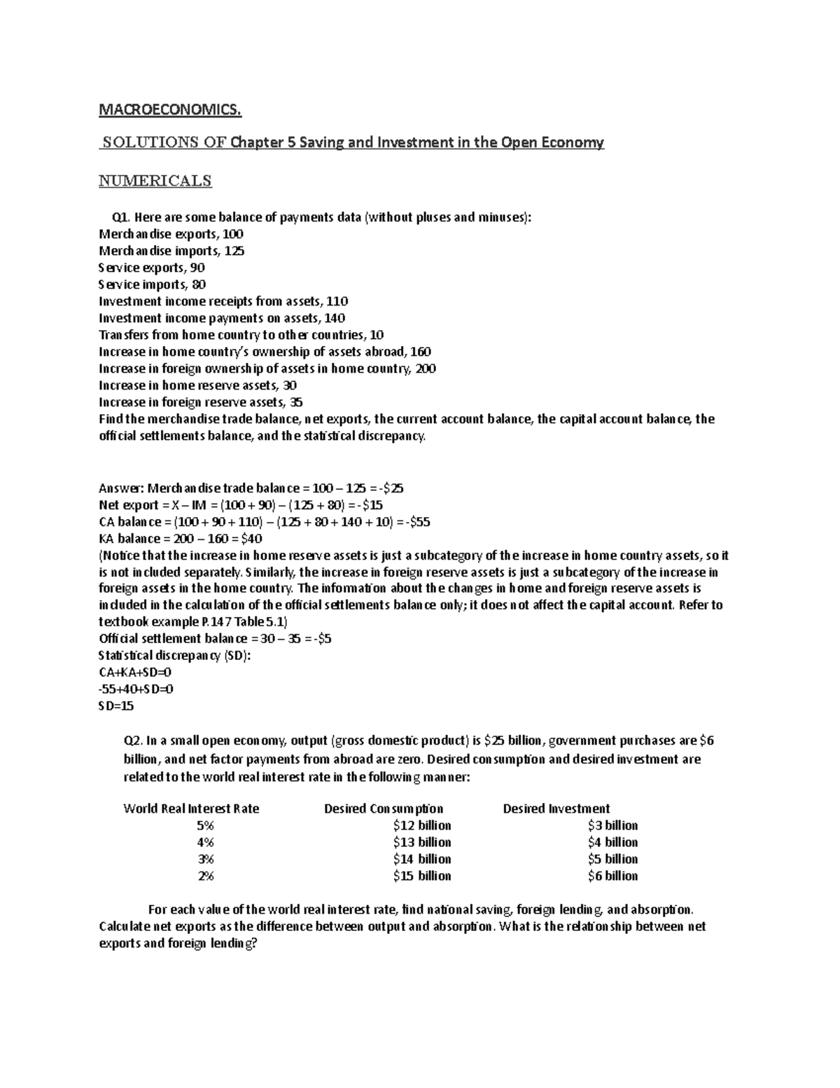 Solutions chapter 5 - MACROECONOMICS. SOLUTIONS OF Chapter 5 Saving and ...