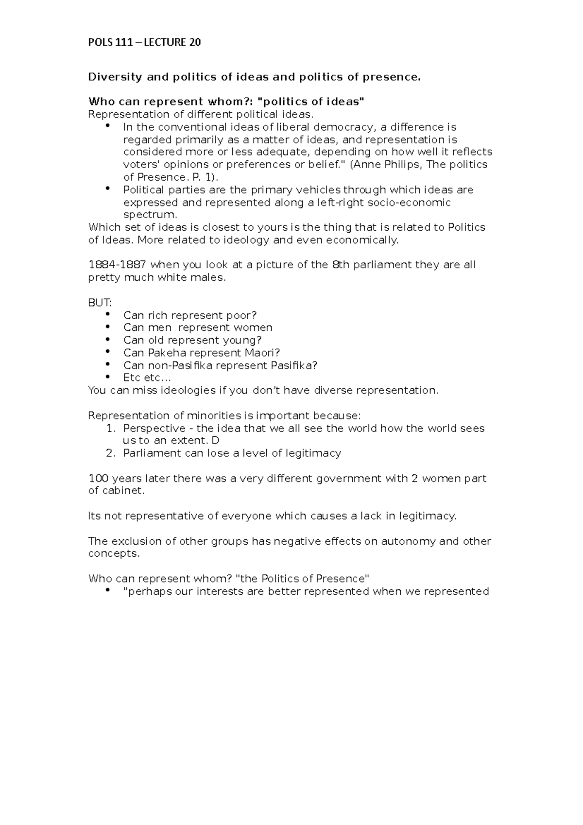 POLS 111 – Lecture 20 - POLS LECTURE 20 Diversity and politics of ideas ...