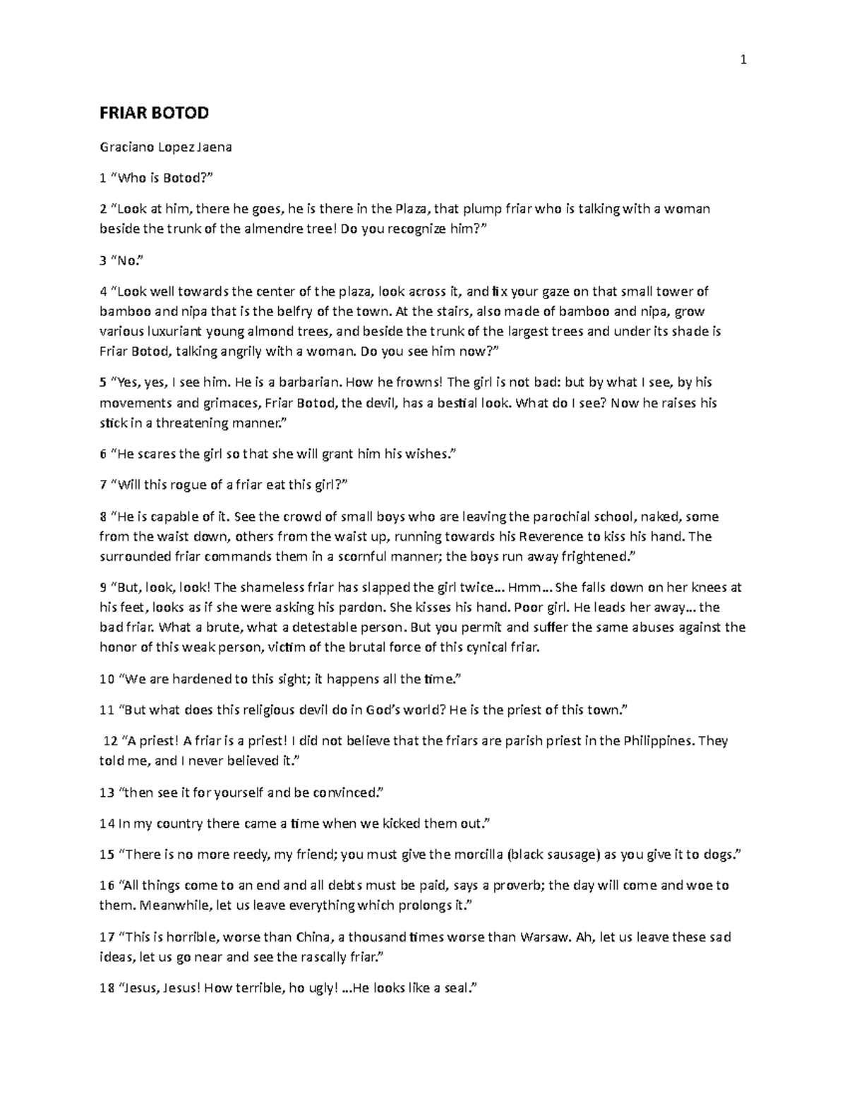 Friar Botod - Lecture notes 1 - FRIAR BOTOD Graciano Lopez Jaena 1 “Who ...