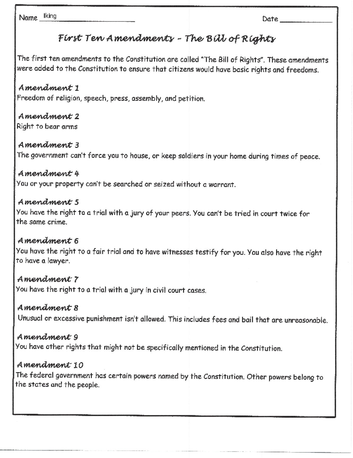 Kami Export - Iking Edwards - Bill of Rights activity - Name Iking Date ...