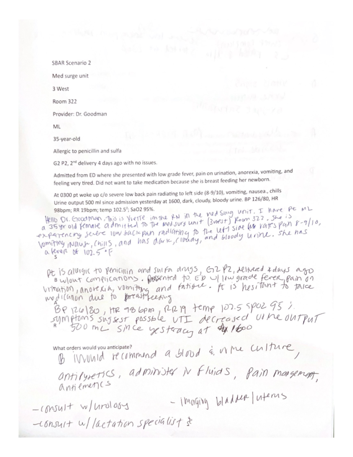 SBAR Scenario 2 - SBAR - SBAR Scenario 2 Med surge unit 3 West Room 322 ...