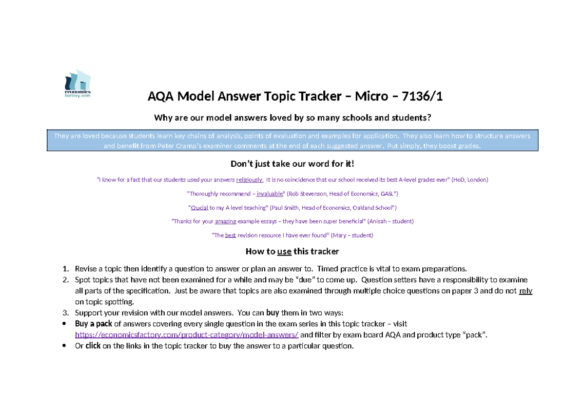 Micro topic tracker - AQA Model Answer Topic Tracker – Micro – 7136 ...