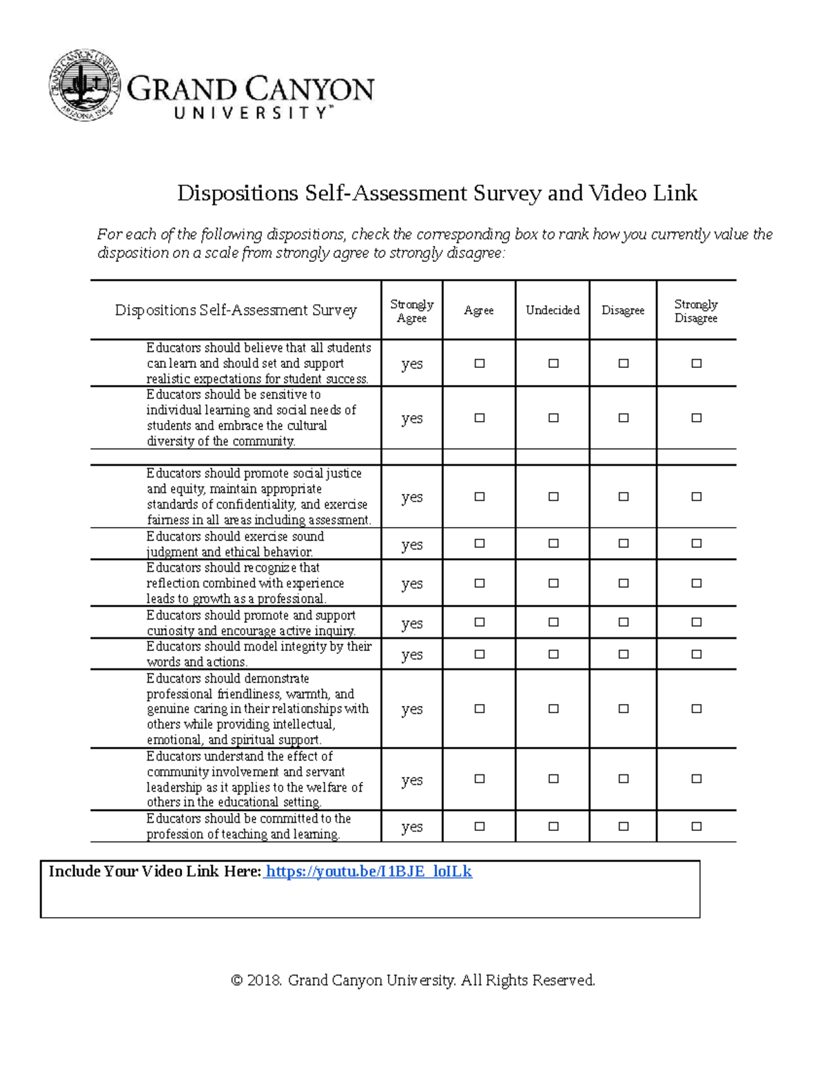 UNV-108 T5-Dispositions Self-Assessment Survey - Dispositions Self ...