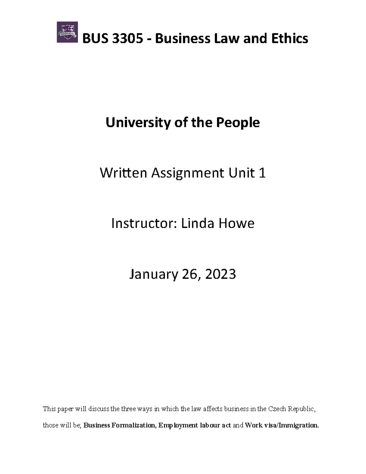 BUS 3305 - Written Assignment Unit 1 - University of the People Written ...