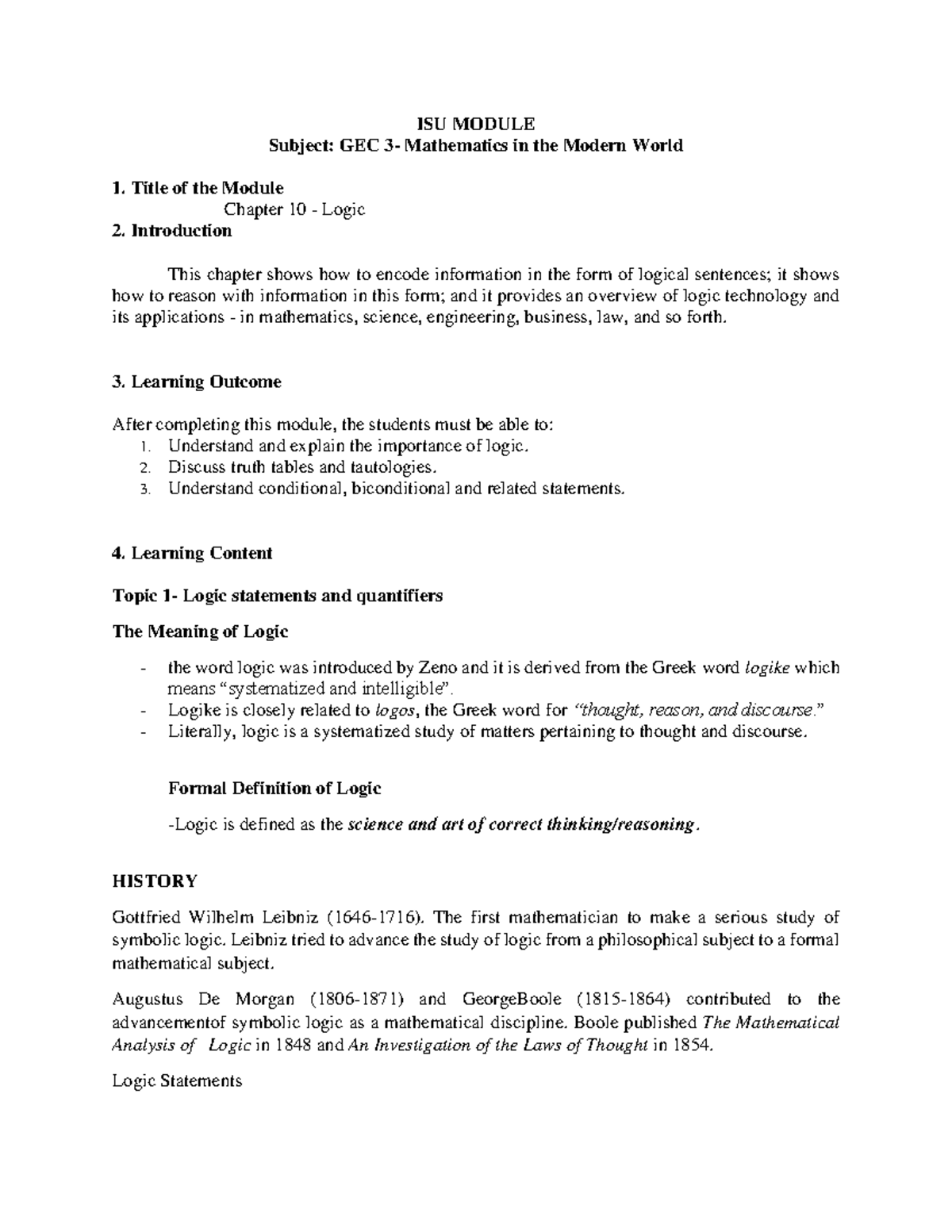 Module-10-Logic - ISU MODULE Subject: GEC 3- Mathematics in the Modern ...