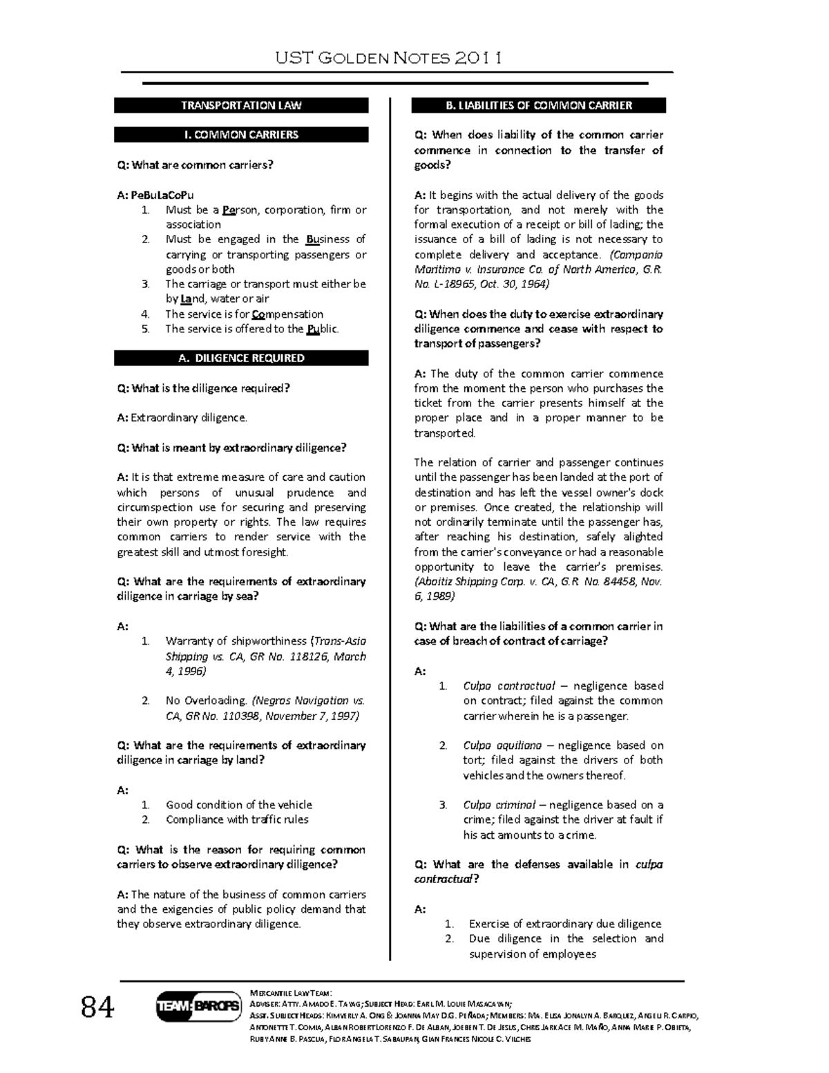 UST Golden Notes - Transportaion Law - UST GOLDEN NOTES 2011 MERCANTILE ...