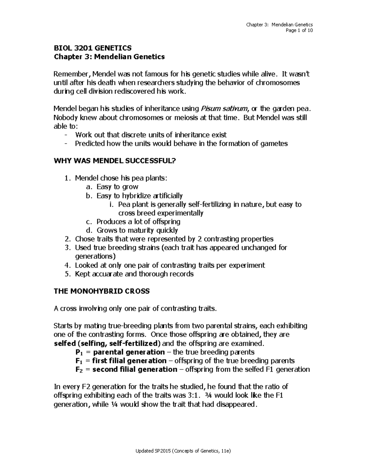 BIOL 3201 Chapter 3 - Mendelian Genetics - Page 1 of 10 BIOL 3201 ...