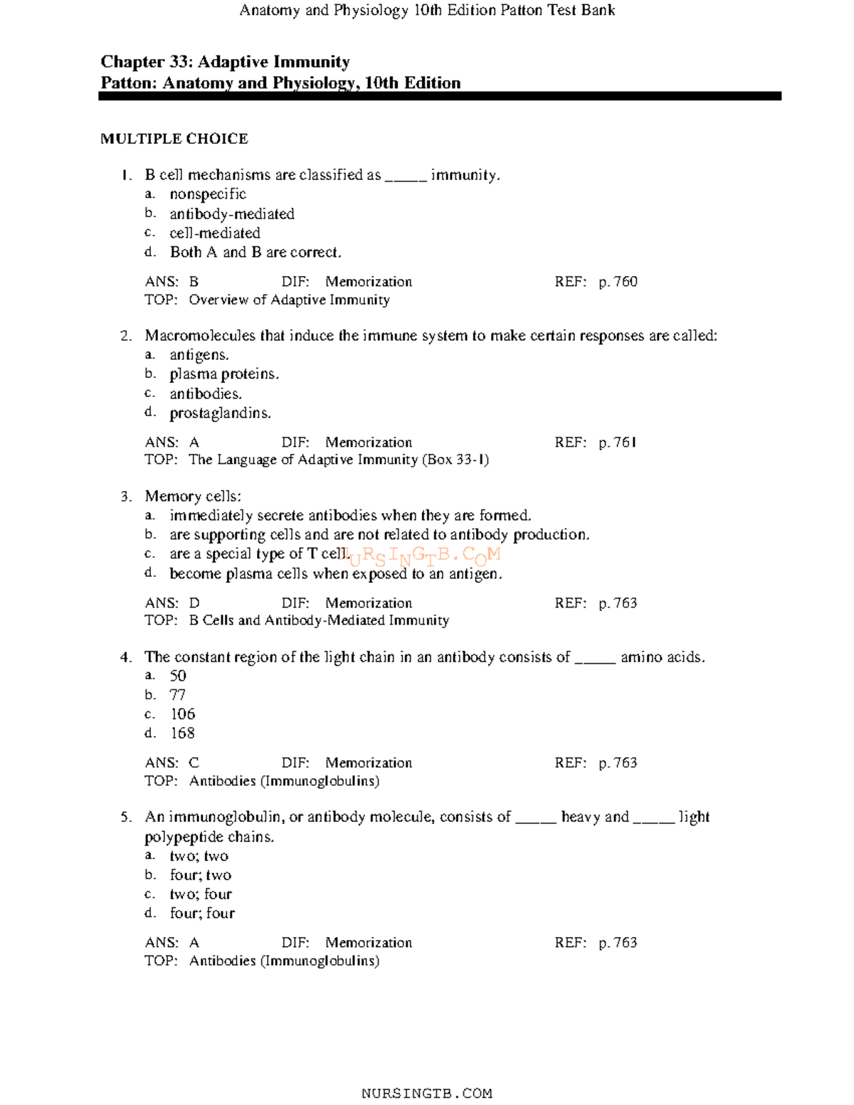Anatomy and Physiology 10th Edition Patton Test Bank Chapter 33 ...