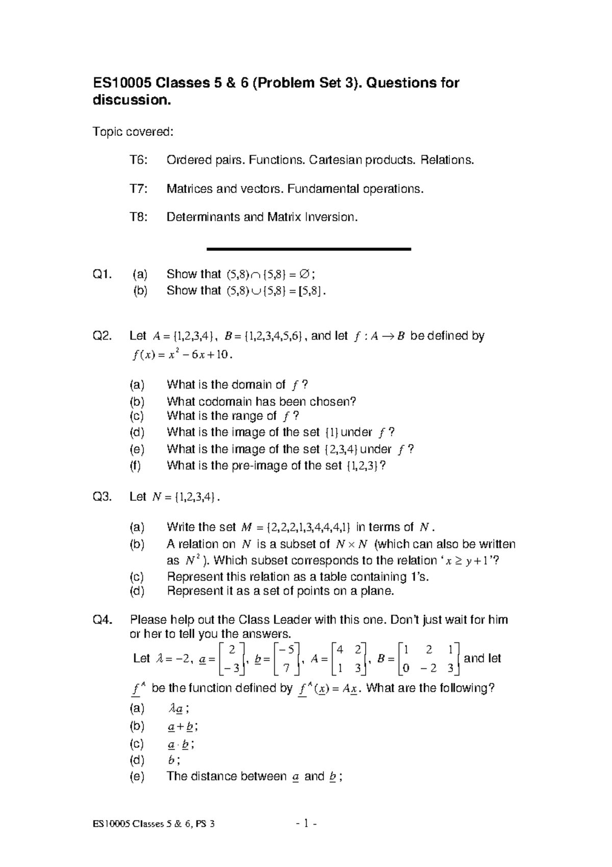 ES10005 Class 5 6 Questions ES10005 Classes 5 6 PS 3 1 ES10005