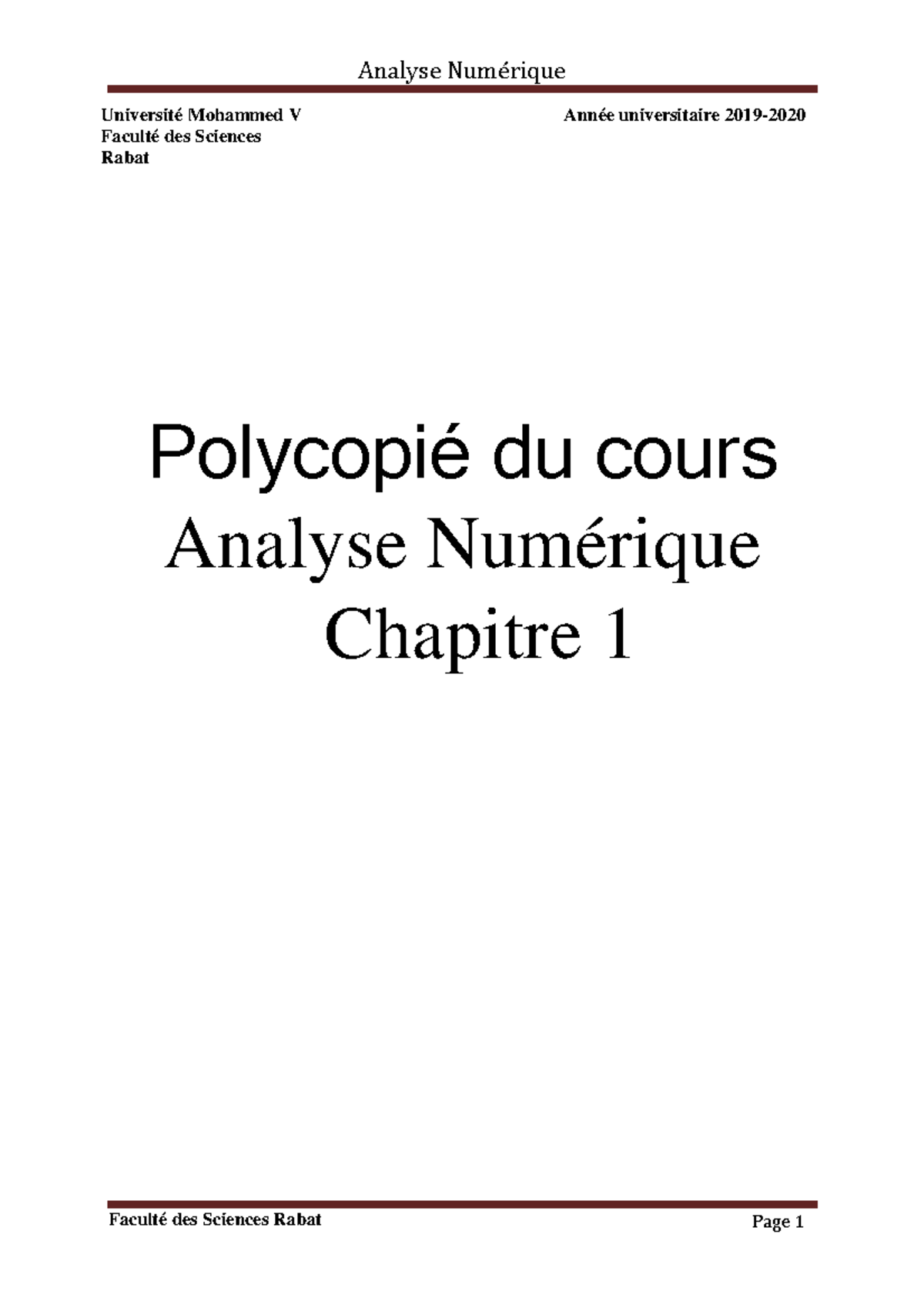 Le Cours Analyse Numérique chapitre 1 - Université Mohammed V Année universitaire 2019- Faculté ...