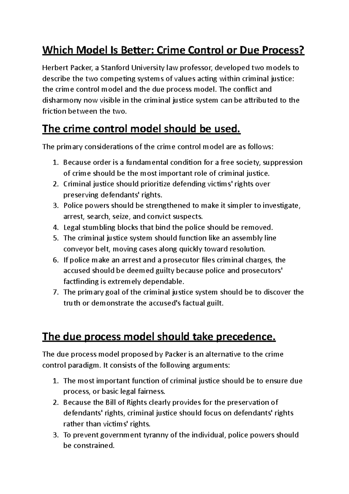Crimie Control or Due Process - Which Model Is Better: Crime Control or ...