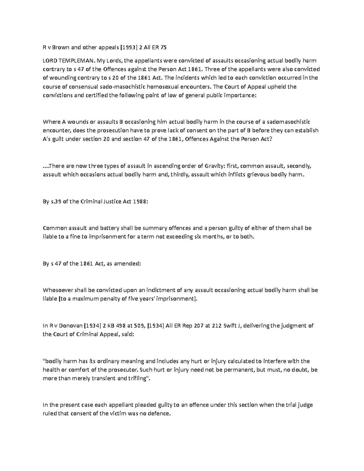 R v Brown [1993] 2 ALL ER - R v Brown and other appeals [1993] 2 All ER ...