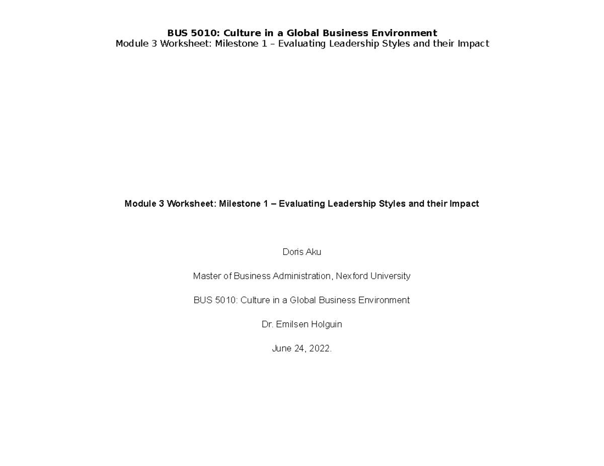 BUS5010 Module 3 Doris Aku - Module 3 Worksheet: Milestone 1 ...
