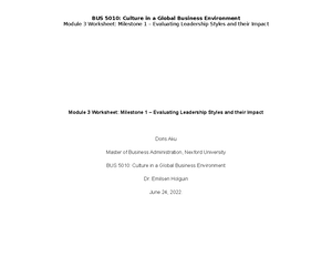 BUS 5010 Milestone 1 Worksheet - BUS 5010: Culture in a Global Business ...