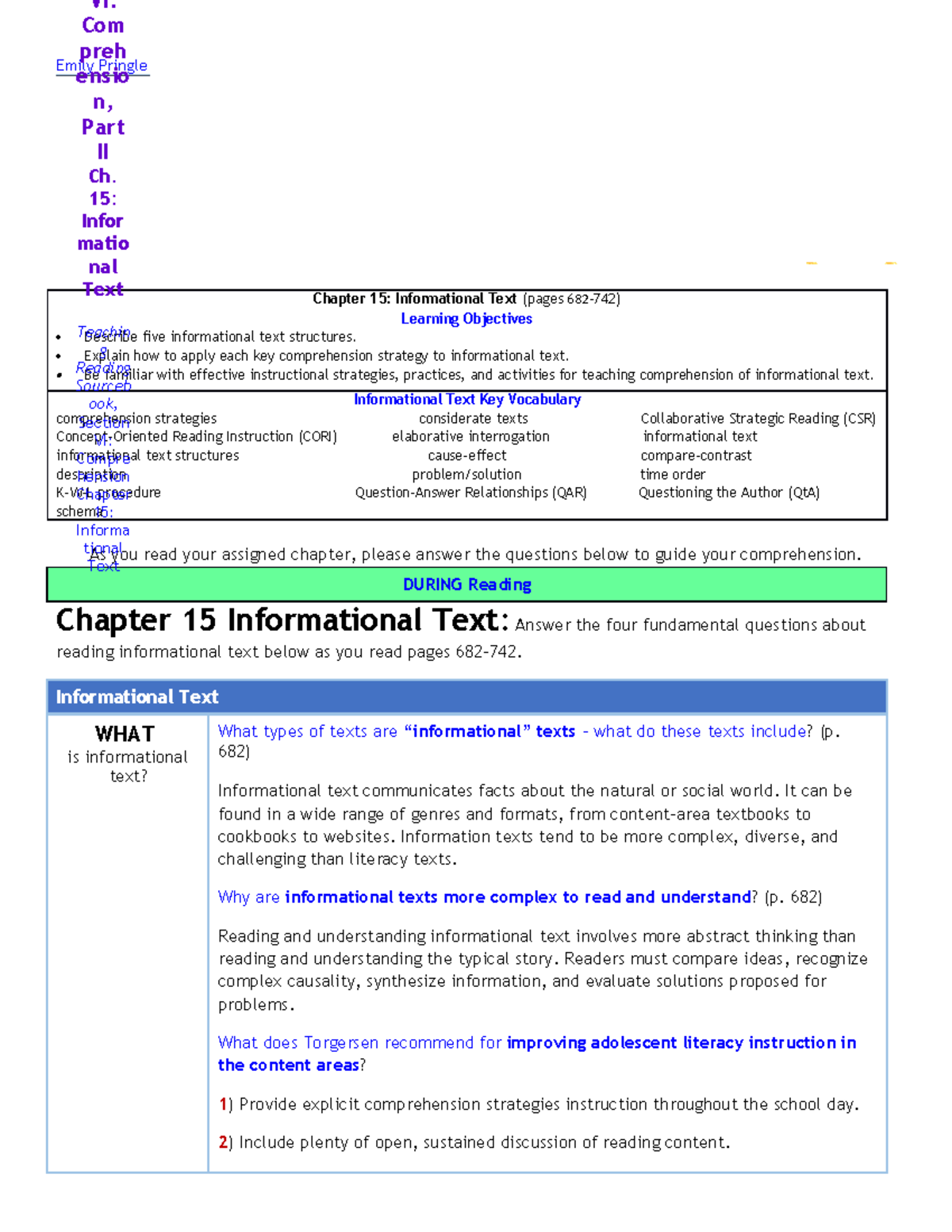 Module 9 Comprehension Informational Text Reading Guide - Emily Pringle Chapter 15 ...
