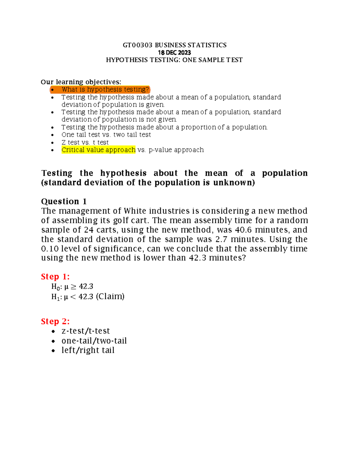 One sample test 2024 - questions - GT00303 BUSINESS STATISTICS 18 DEC ...