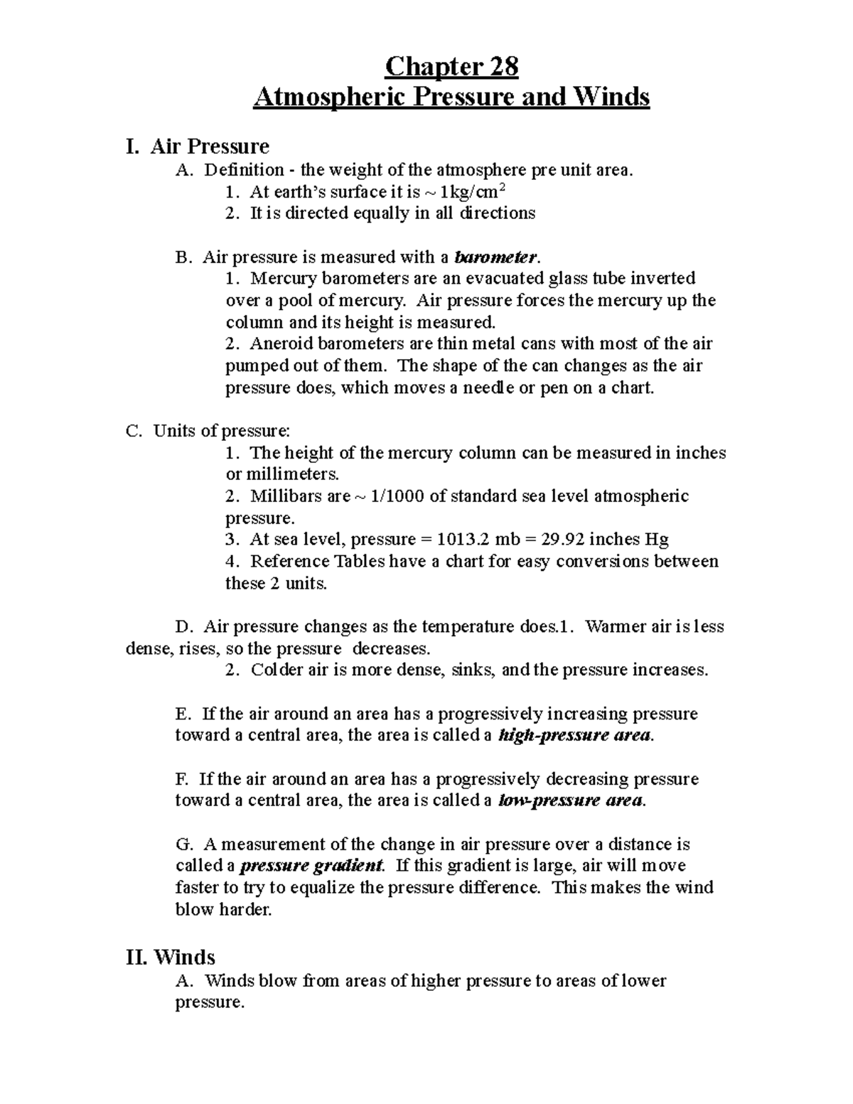 Chapter 28 Atmospheric Pressure Winds Notes Teacher Version - Chapter ...