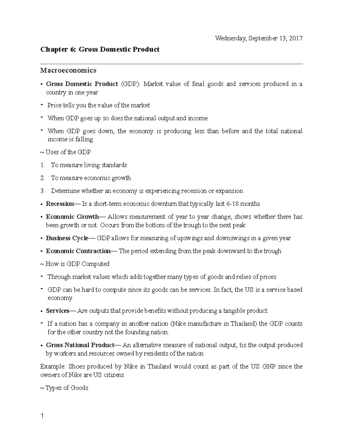 Chapter 6- Gross Domestic Product - Wednesday, September 13, 2017 ...