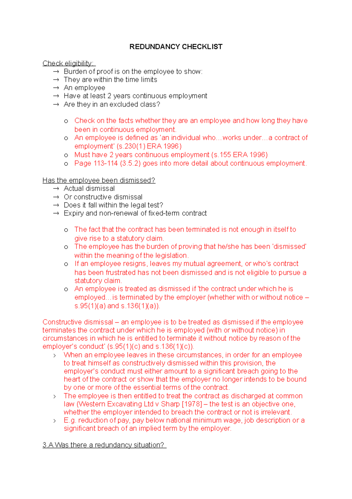 Redundancy Checklist - employment law - REDUNDANCY CHECKLIST Check ...