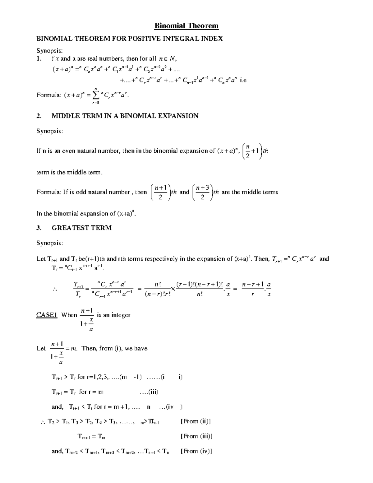 Maths Binomial Theorem - Binomial Theorem BINOMIAL THEOREM FOR POSITIVE INTEGRAL INDEX Synopsis ...