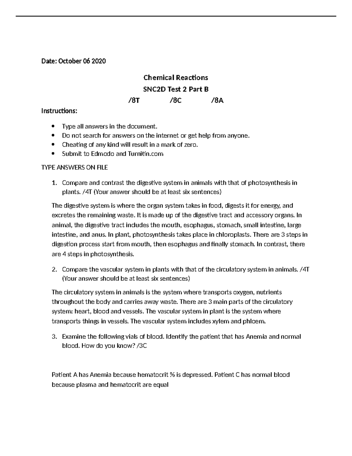 Test 2 Part B Chemistry - Name: Nguyen, Bao Ngoc Date: October 06 2020 ...