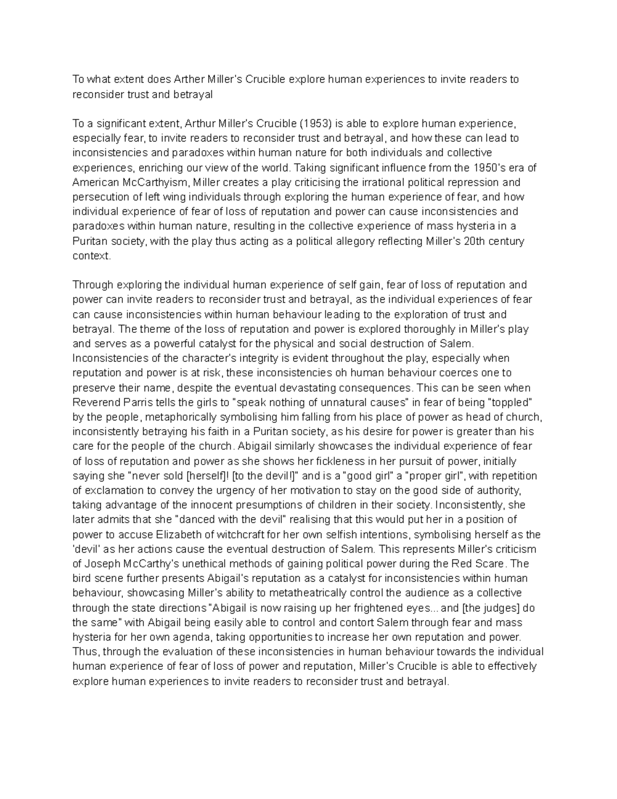 Crucible Essay - To what extent does Arther Miller’s Crucible explore ...