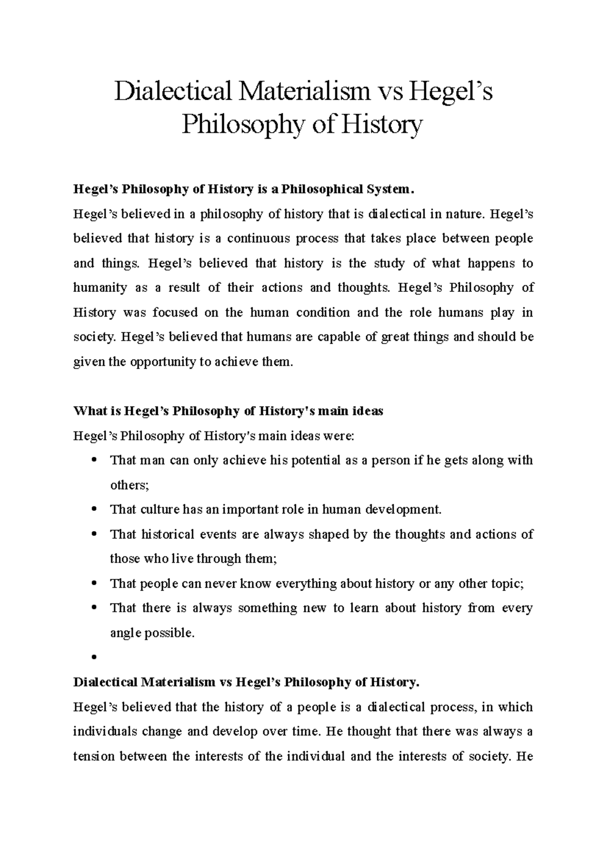 Dialectical Materialism vs Hegel’s Philosophy of History - Dialectical Materialism vs Hegel’s ...