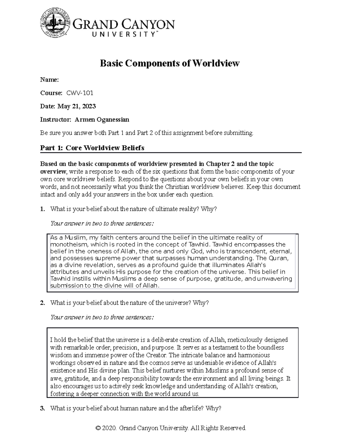 CWV 101 301 RS T1Basic Components Of Worldview - Basic Components of Worldview Name: Course: CWV ...