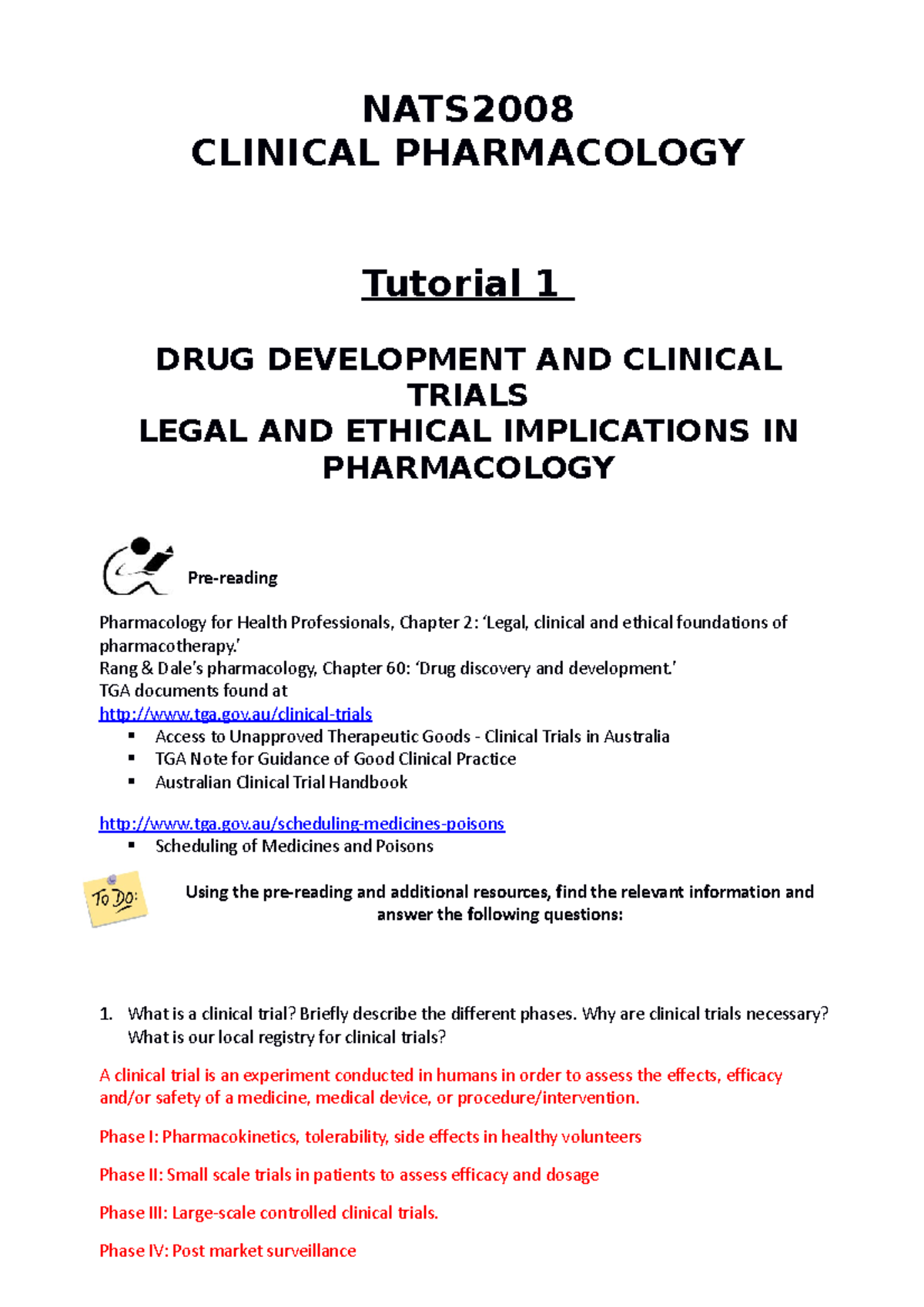 Week 1 Clinical Pharmacology (NATS2008 ) Tutorial 1 Worksheet Answers ...
