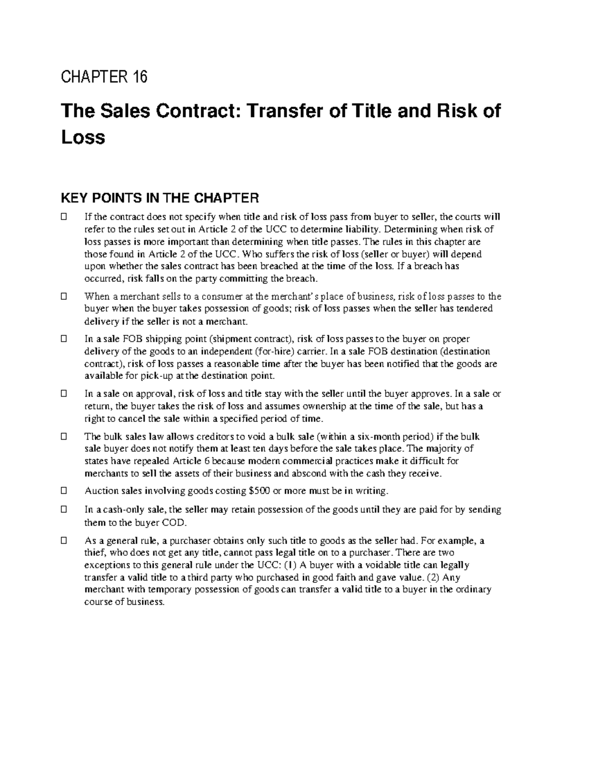 Ch16 The Sales Contract Transfer of Title and Risk of Loss - CHAPTER 16 ...