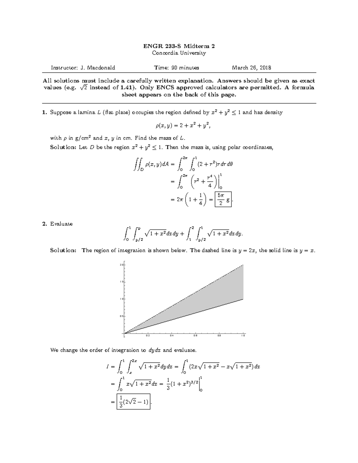 Midterm 2 year, questions - ENGR 233-S Midterm 2 Concordia University Instructor: J. Macdonald ...