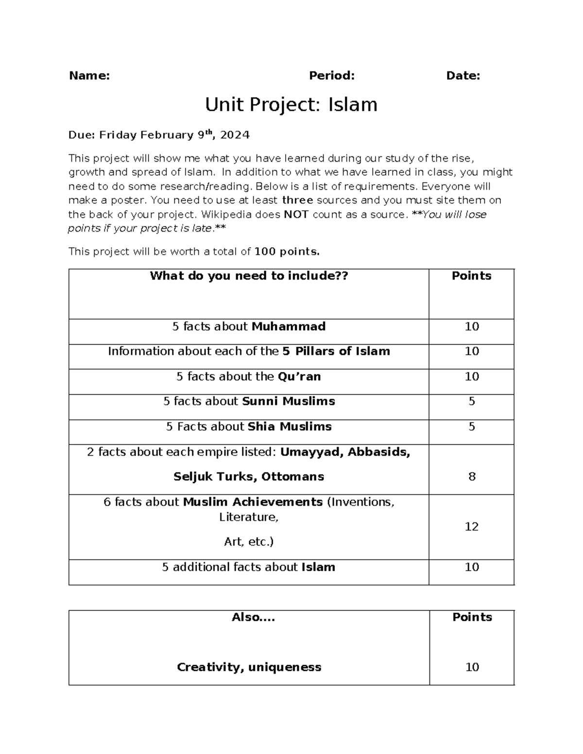 History of Islam Project - Name: Period: Date: Unit Project: Islam Due ...