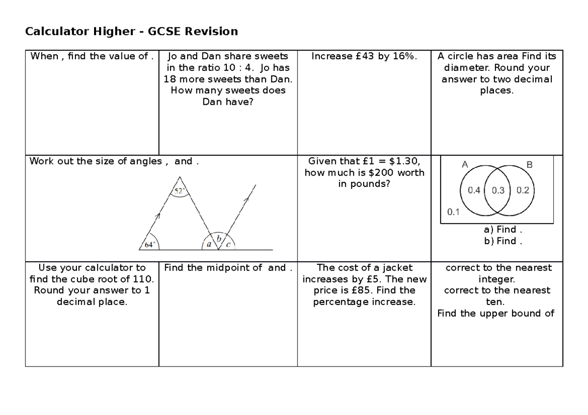 Calculator Higher Helpful Notes Calculator Higher GCSE Revision