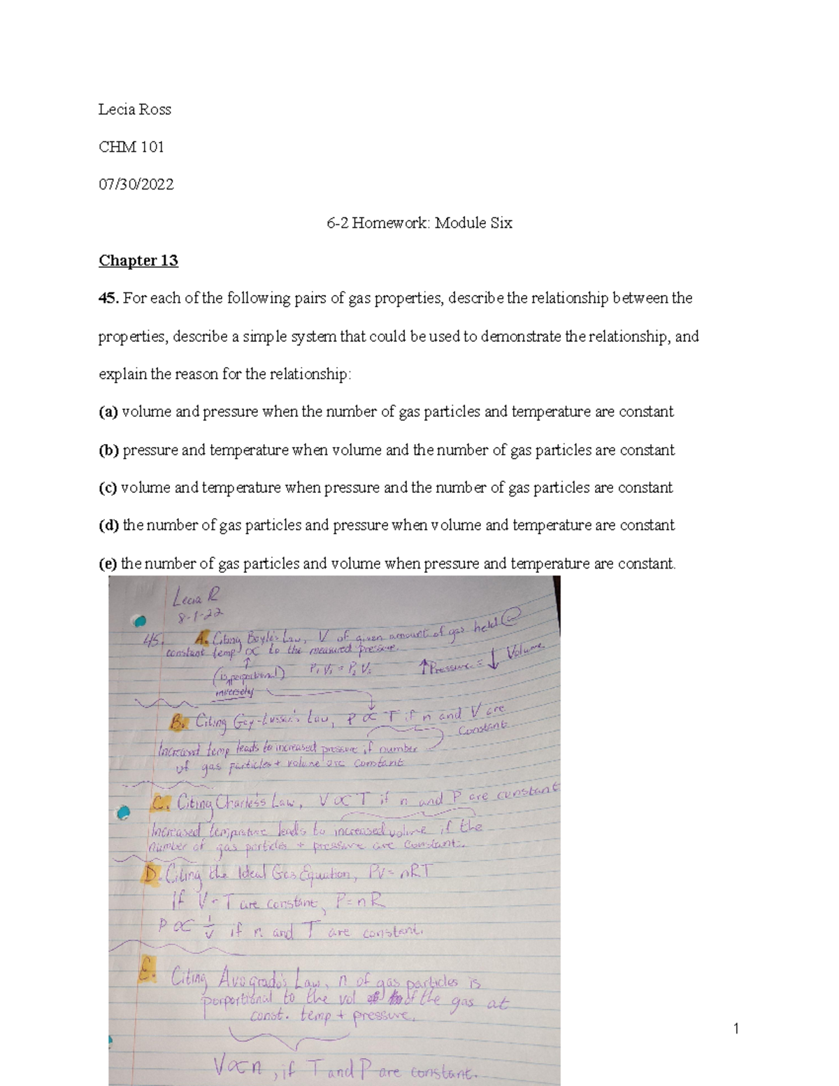 6-2 Homework Module Six - Lecia Ross CHM 101 07/30/ 6-2 Homework ...