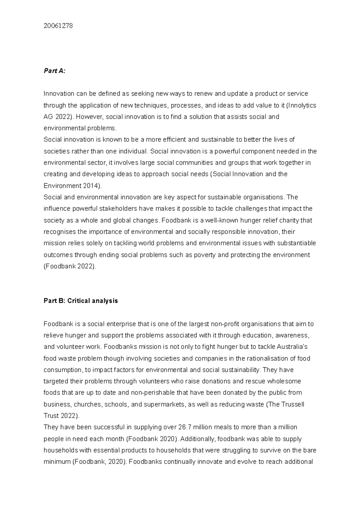 Foodbank ass1 ipp - ASSESSMENT 1 IPP - Part A: Innovation can be ...