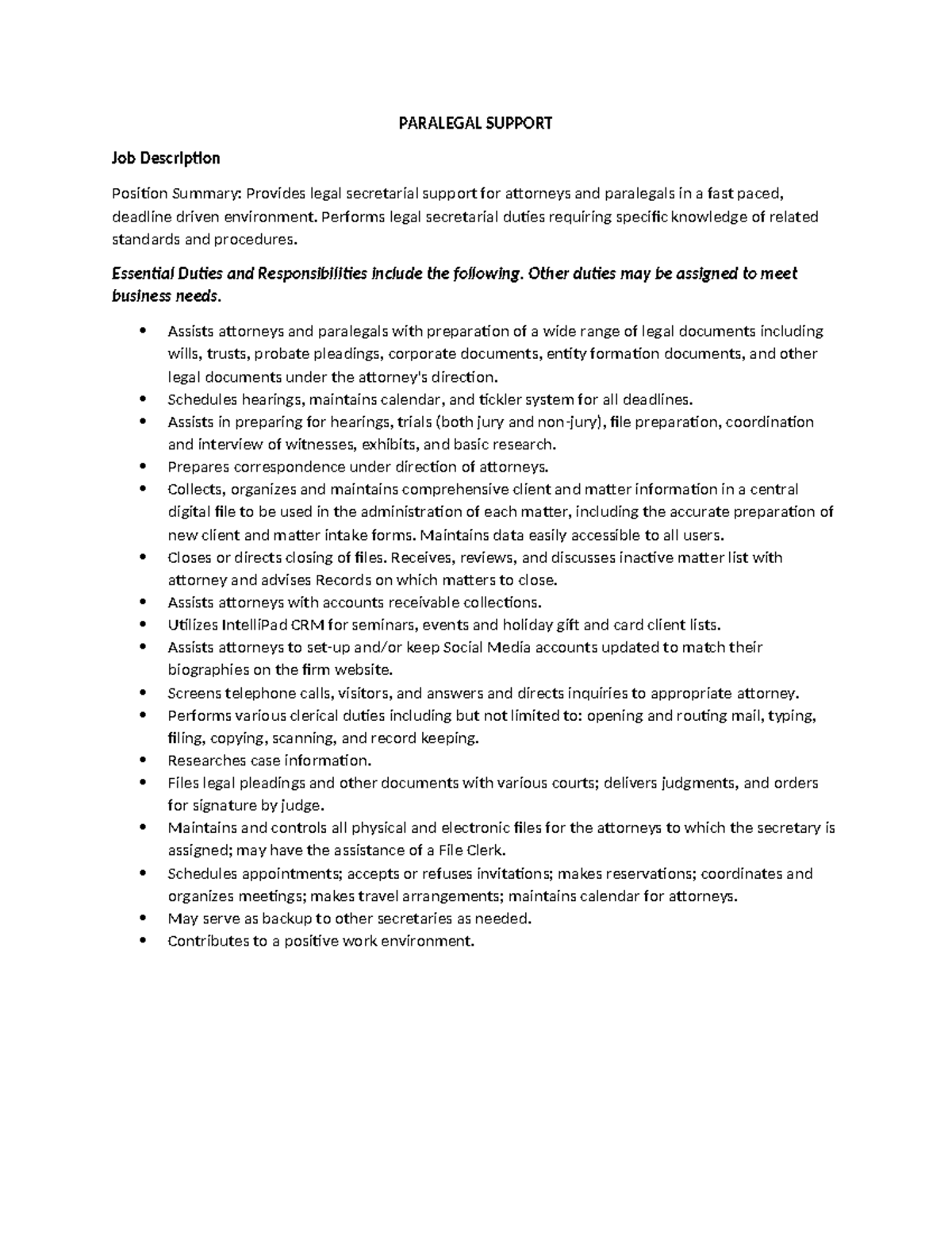 Paralegal Support - PARALEGAL SUPPORT Job Description Position Summary ...