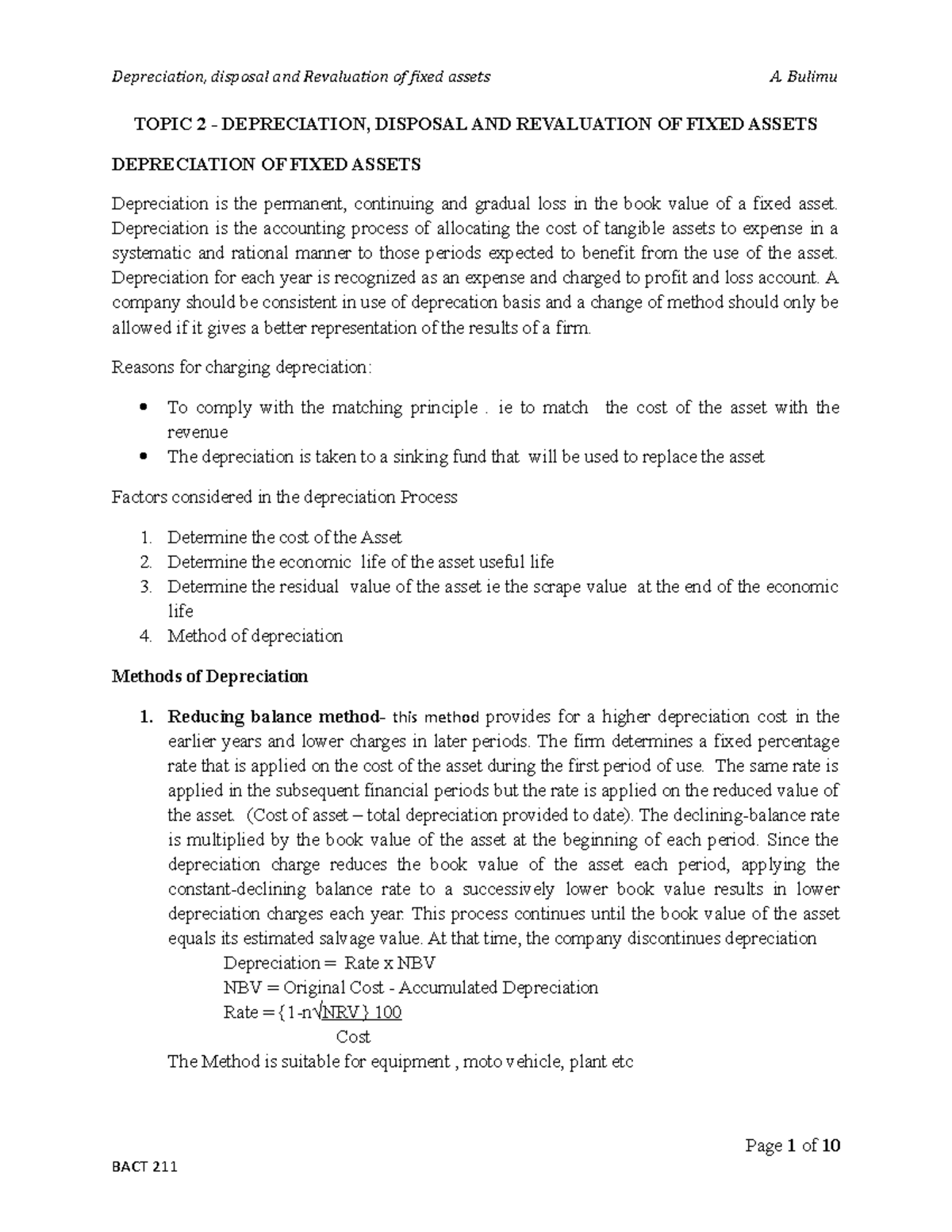 Topic 2 - Depreciation, Revaluation AND Disposal - TOPIC 2 ...